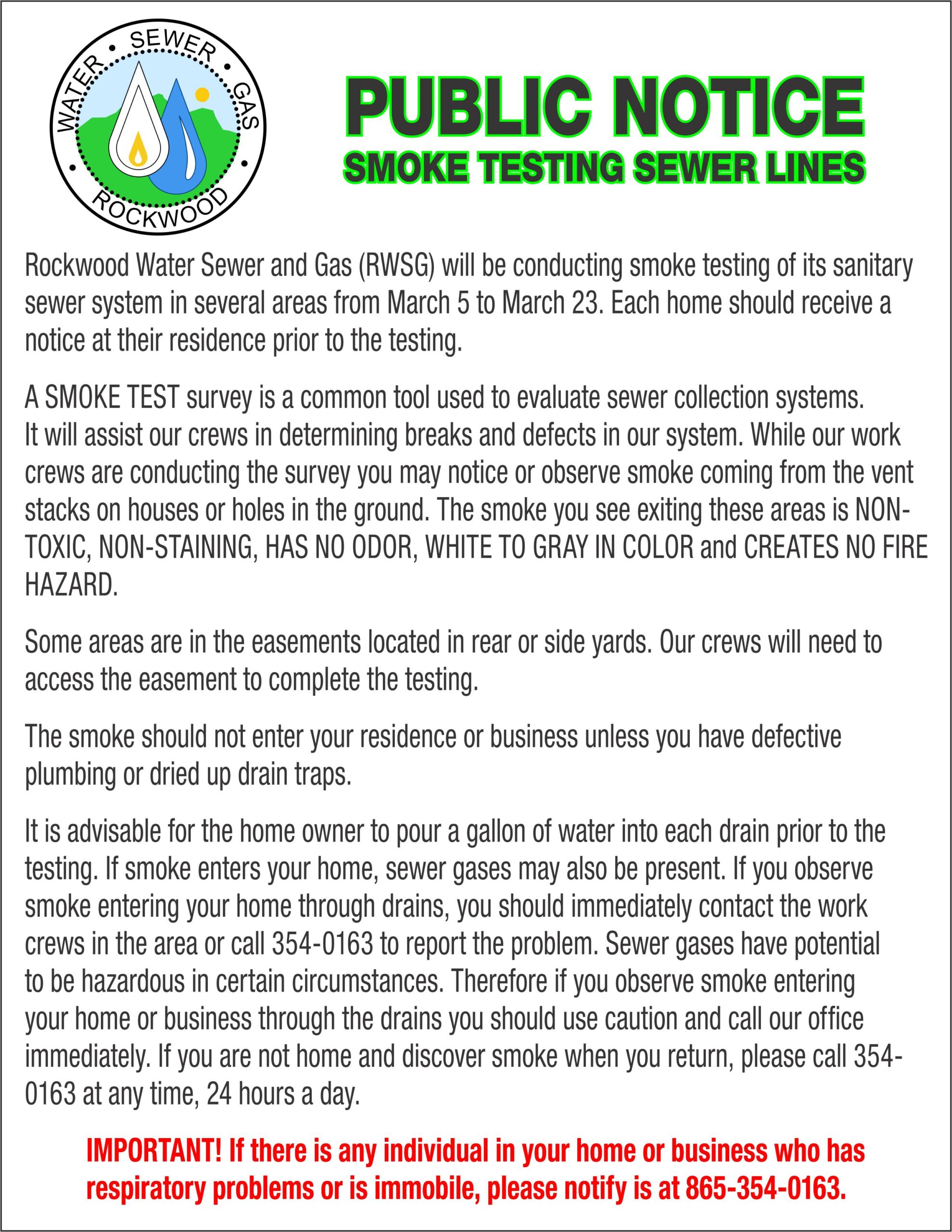 Public Notice Smoke Testing Sewer Lines! – Rockwood Water, Sewer and Gas
